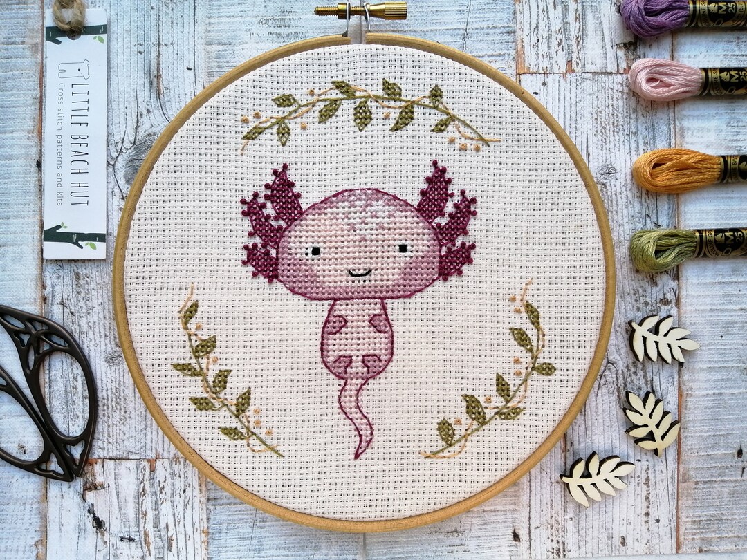 Axolotl Cross Stitch Kit, Embroidered Axolotl, Axolotl Cross Stitch ...