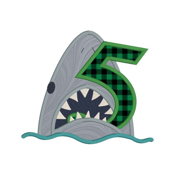 Shark Biting a Number Five Birthday Appliqué Embroidery Design | Etsy