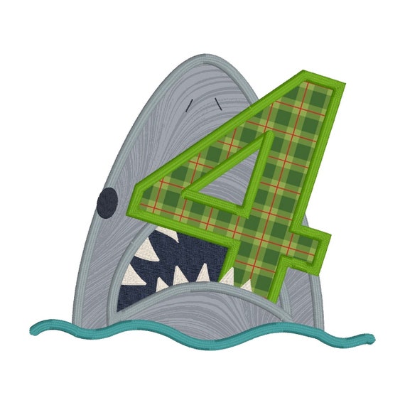 Shark Biting a Number Four Birthday Appliqué Embroidery Design | Etsy