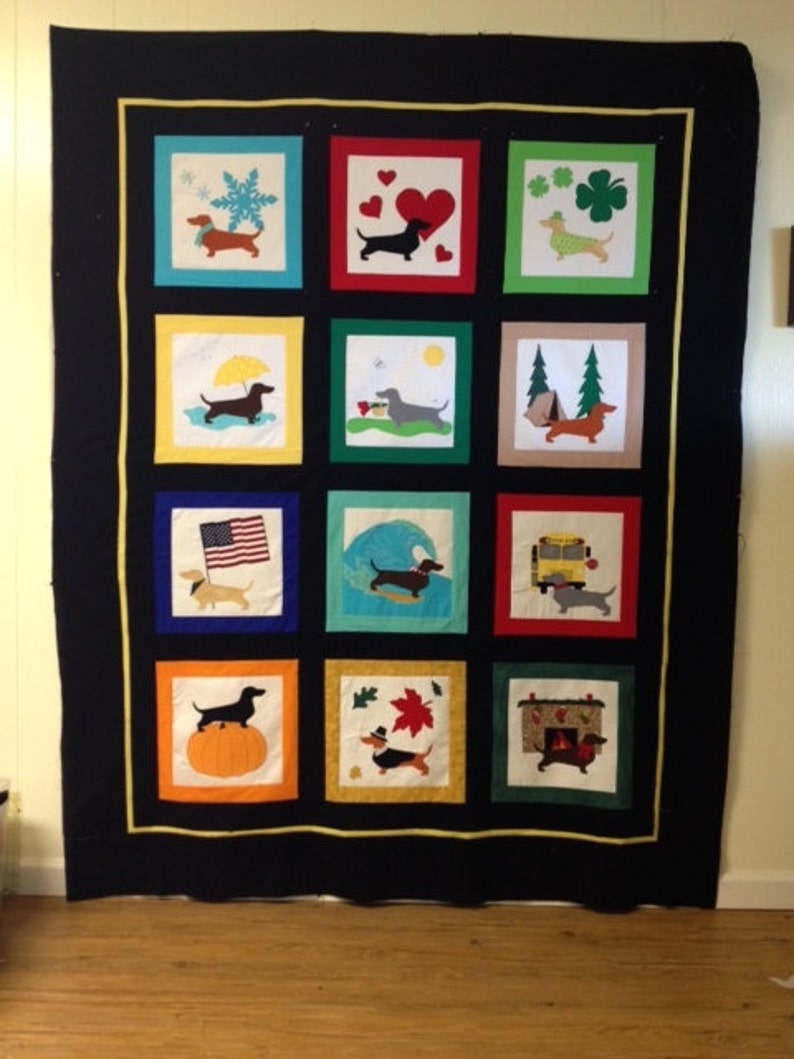 Dachshund Quilt Sewing Pattern, Raw Edge Applique, Full Size (PDF ...