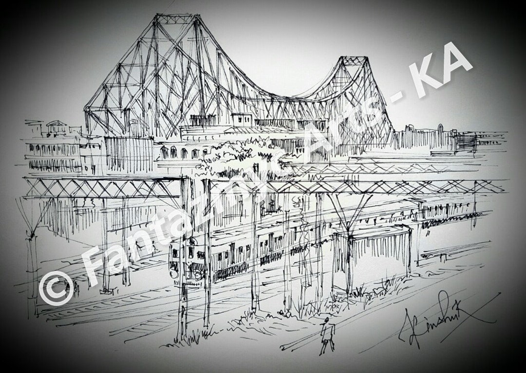 Howrah Bridge Sketch Art Print: Kolkata, India Landmark (digital ...