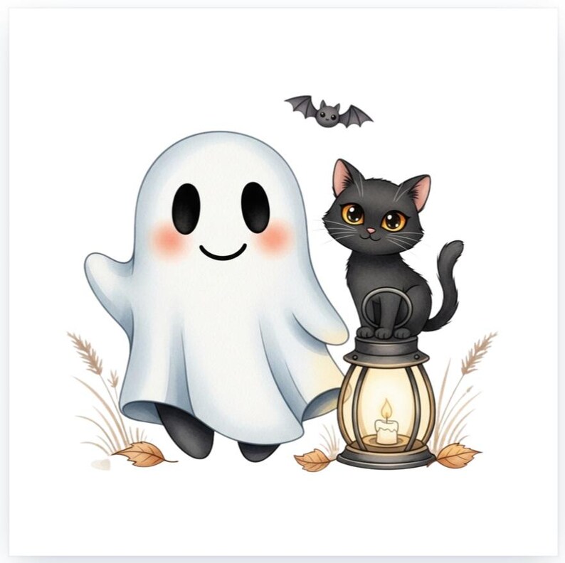 Cute Ghost & Black Cat Halloween Clipart | Spooky Cute Digital Download ...