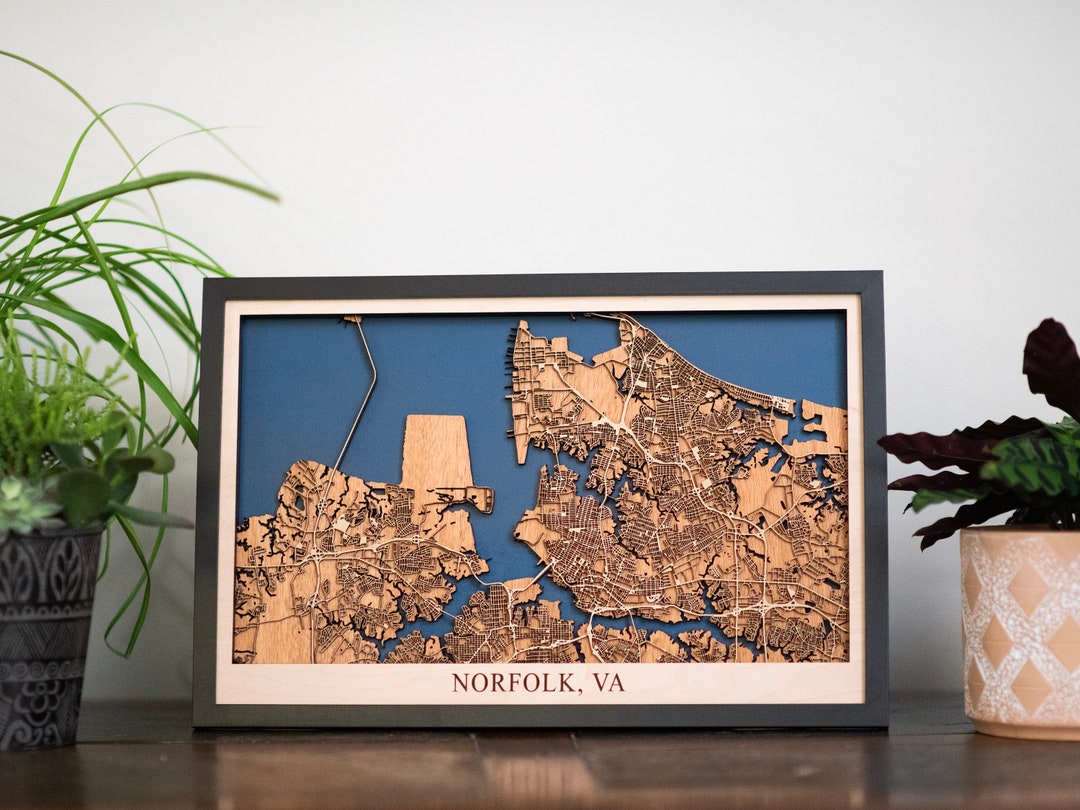 Norfolk Virginia Laser Cut Wood Map Unique Hand Made Multi Layered ...