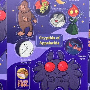 Cute Appalachian Cryptids Sticker Sheet, West Virginia Cryptids, Mothman Stickers, Grafton ...