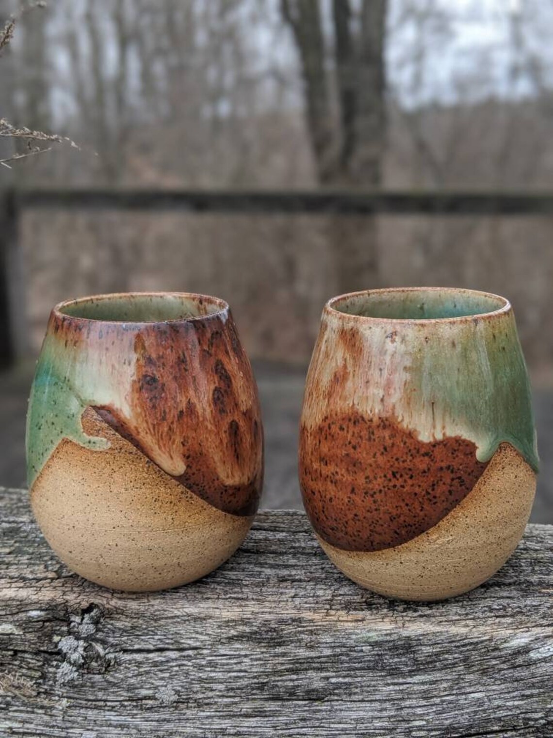 Set of Two Hand Thrown Brown and Green Stemless Wine Glasses. - Etsy