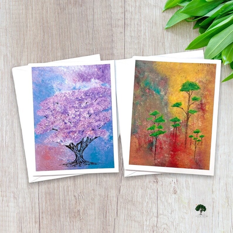 A Collection of 6 Colorful Handmade Tree Themed Note Cards - Etsy