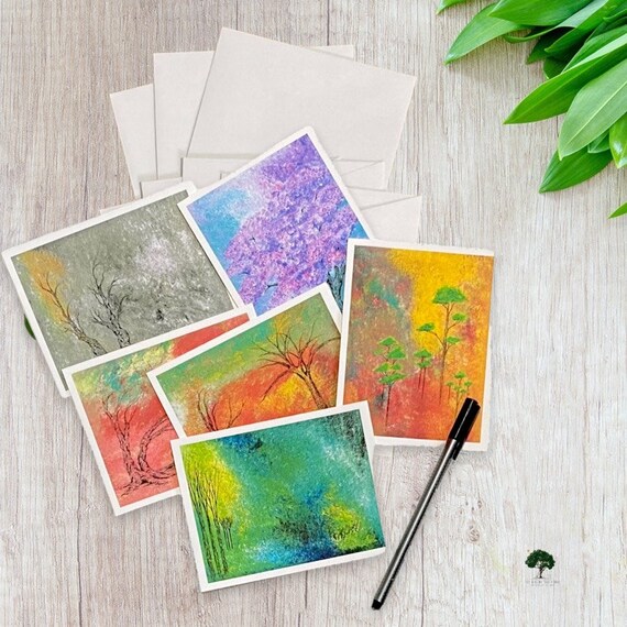 A Collection of 6 Colorful Handmade Tree Themed Note Cards - Etsy