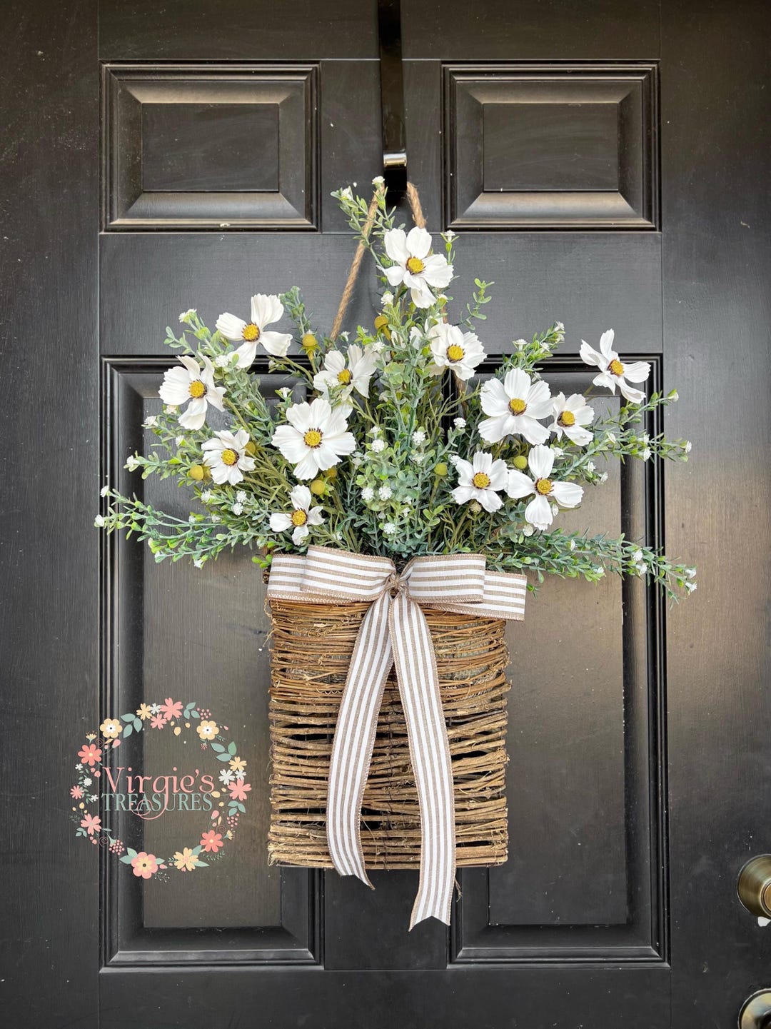 Spring Door Basket Wreath, Hanging Basket, Floral Arrangement Basket ...