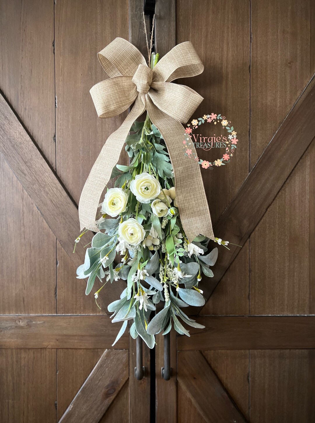 Greenery Swag, Ranunculus Swag, Cream Blossom Lambs Ear Door Swag, Wall ...