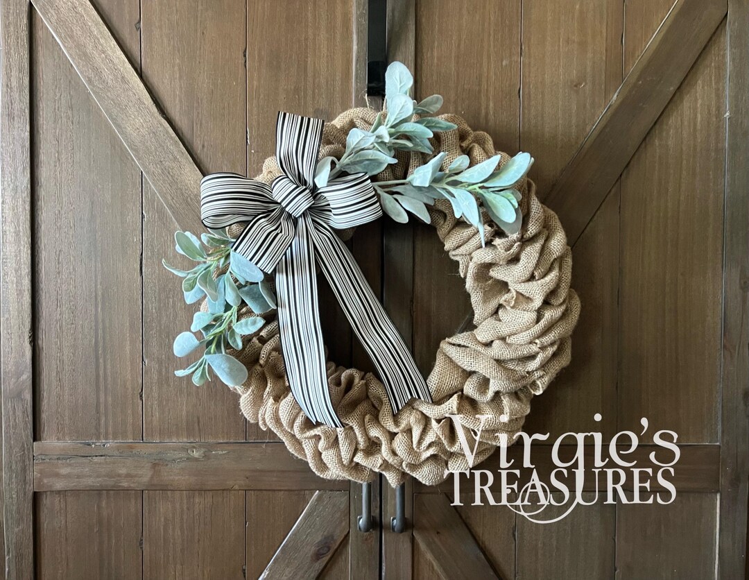 Farmhouse Wreath, Natural Burlap With Lamb’s Ear Wreath, Front Door ...