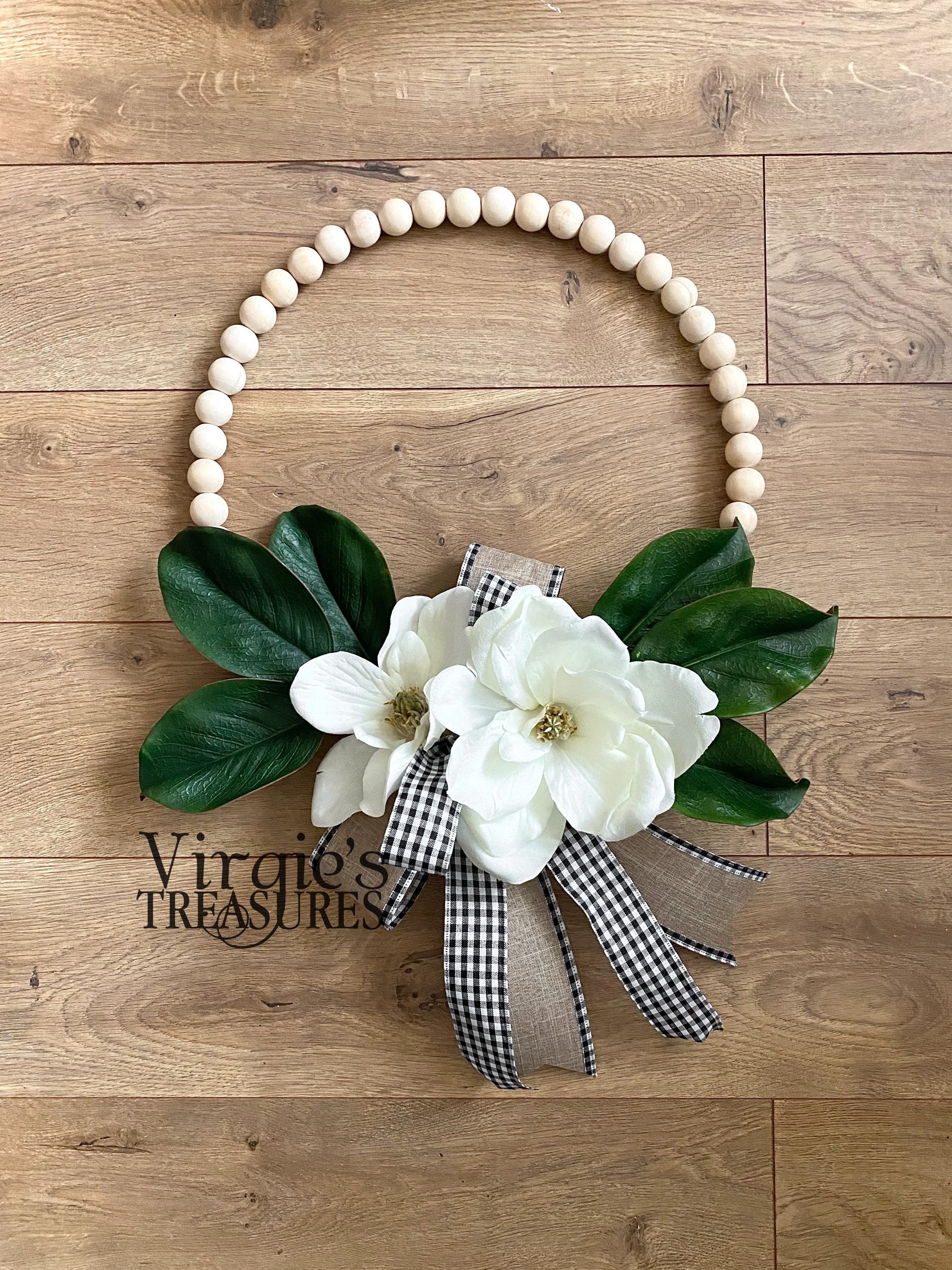 Magnolia Wood Bead Wreath Farmhouse Wreath Wood Bead Wreath | Etsy