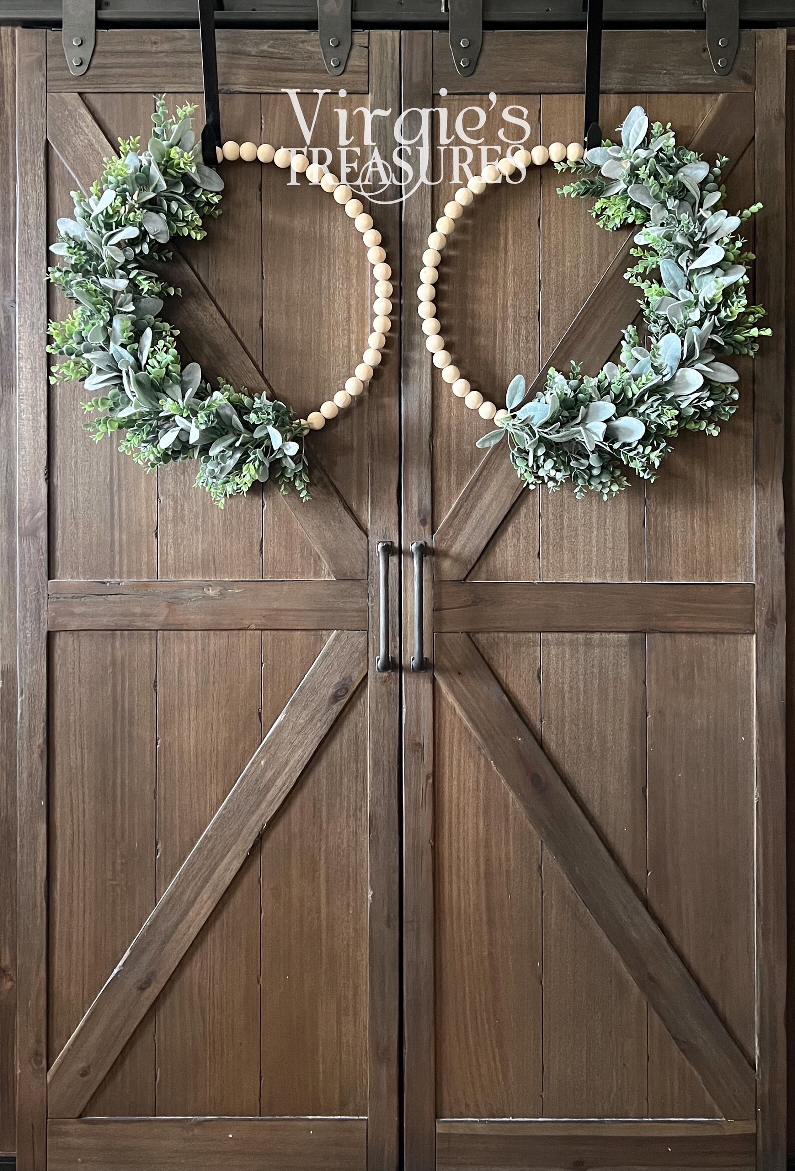 Double Door Wood Bead Wreath, Farmhouse Wreath, Greenery Wood Bead ...