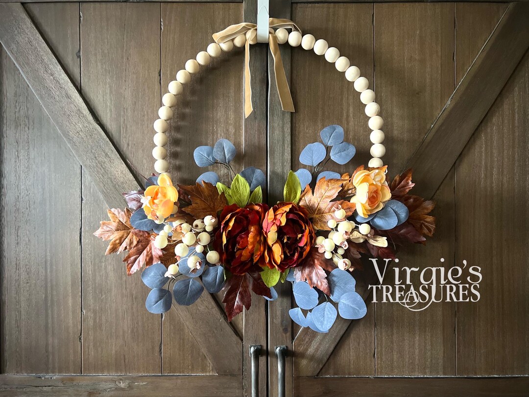 Fall Wood Bead Wreath, Fall Bead Wreath, Autumn Wreath, Fall Farmhouse ...