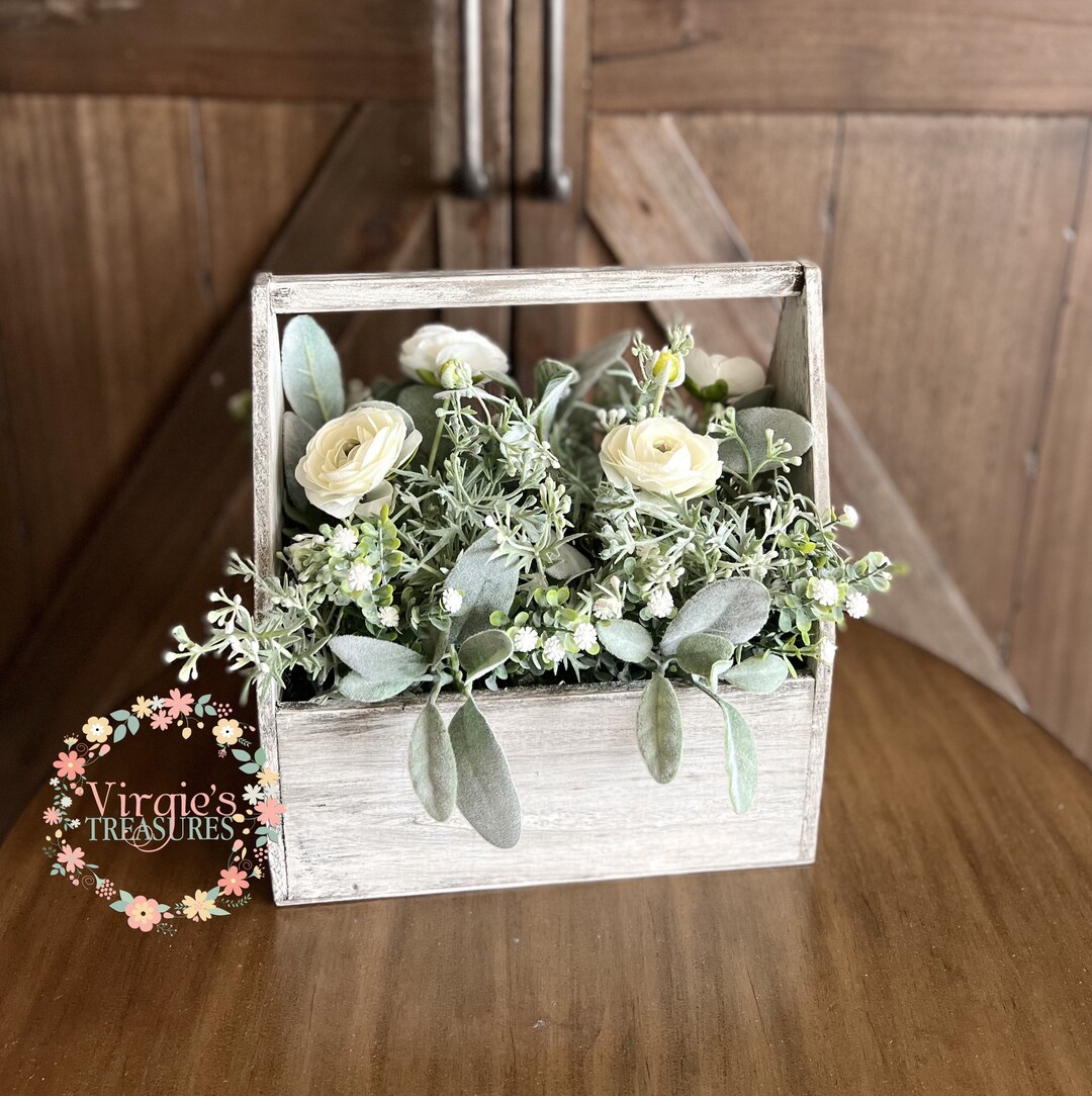 Floral Wood Box Centerpiece / Mantle Centerpiece / Floral Greenery ...