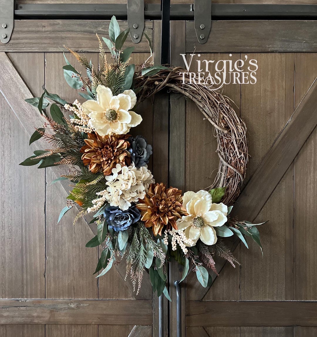 Floral Wreath, Fall Neutral Wreath, Cream & Brown Floral Wreath, Front ...