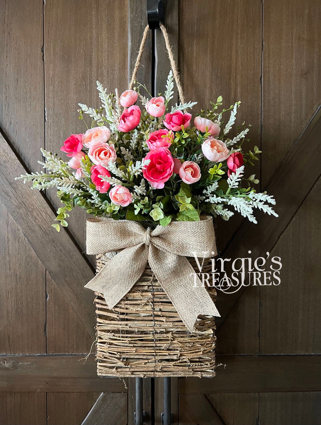 Ranunculus Door Basket Wreath, Hanging Basket, Floral Arrangement ...