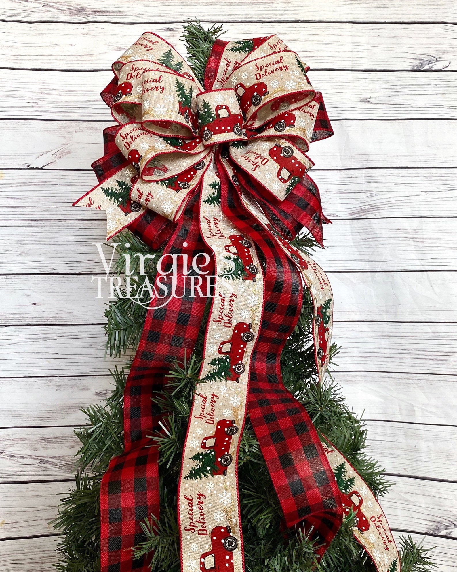 Christmas Tree Topper Bow, Farmhouse Christmas Bow, Red Buffalo Plaid ...