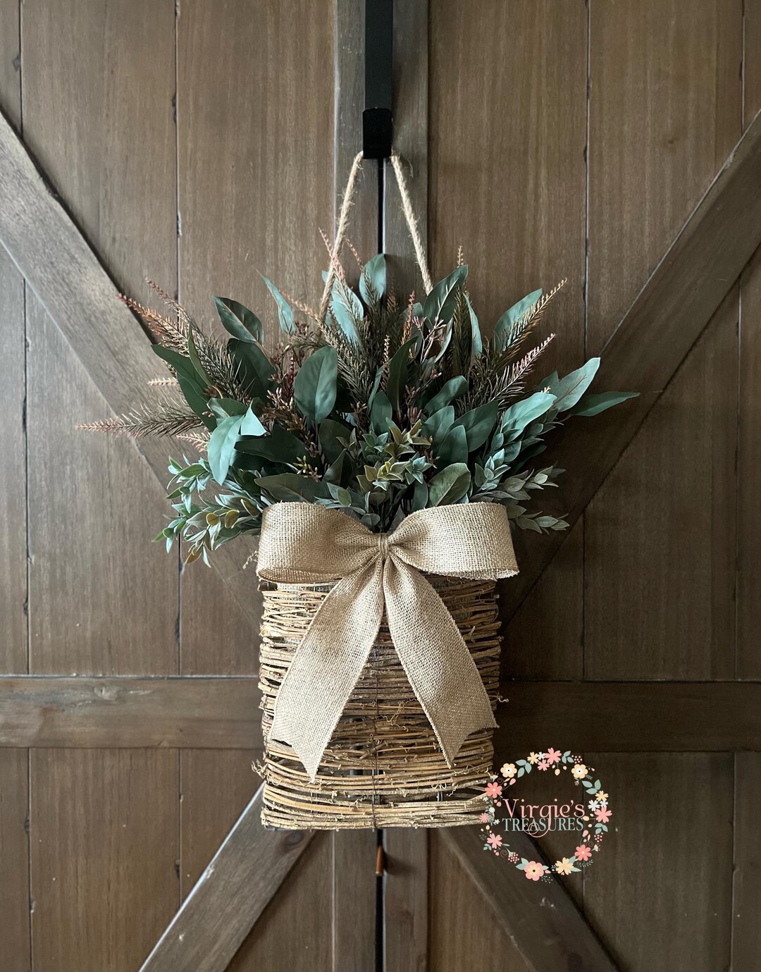 Spring Door Basket Wreath | Rattan Hanging Basket | Floral Arrangement ...