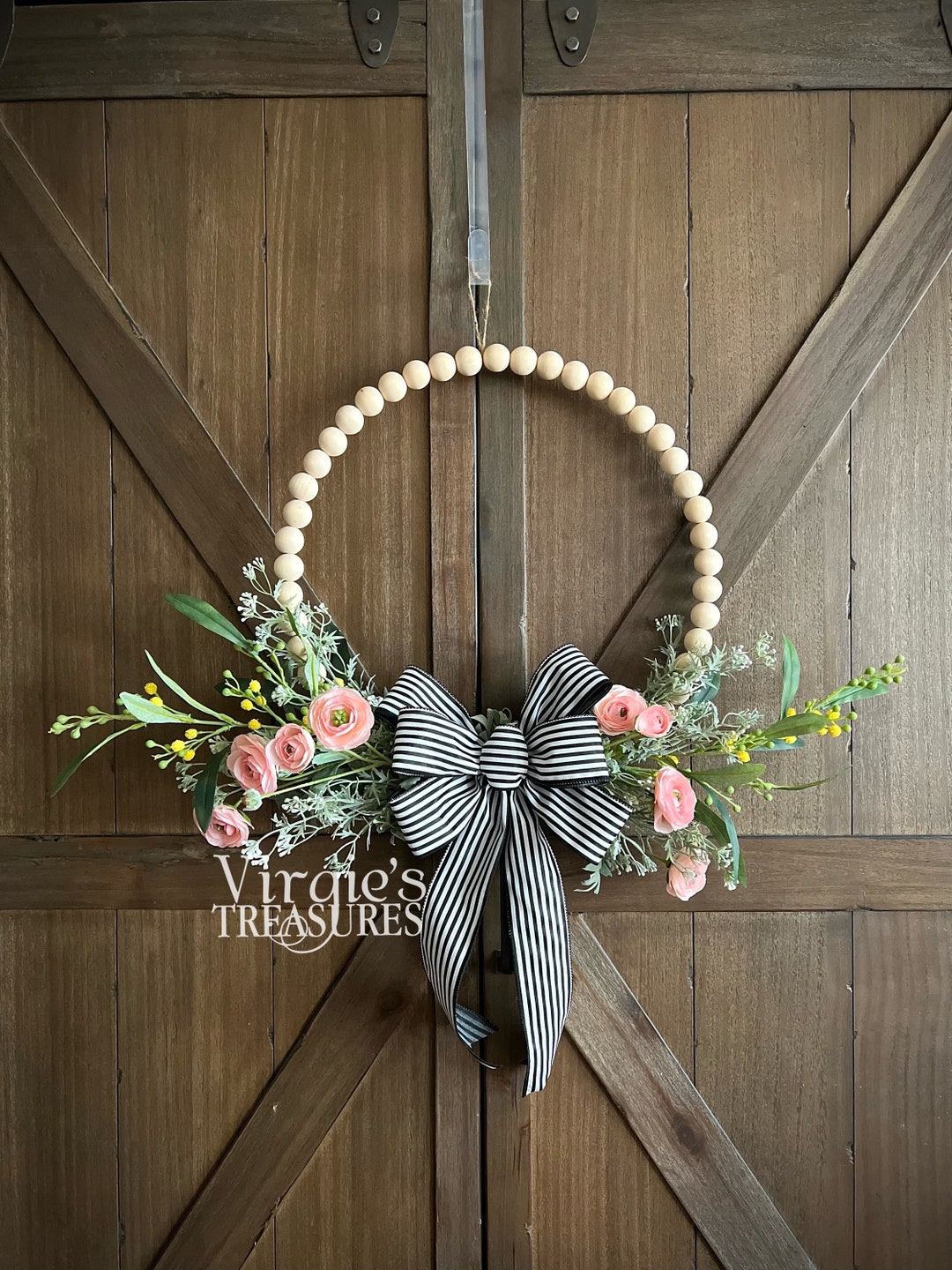 Spring Wood Bead Wreath, Spring Wreath, Beaded Wood Wreath, Front Door ...