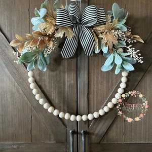 White Berry Fall Wood Bead Wreath, Fall Bead Wreath, Autumn Wreath ...
