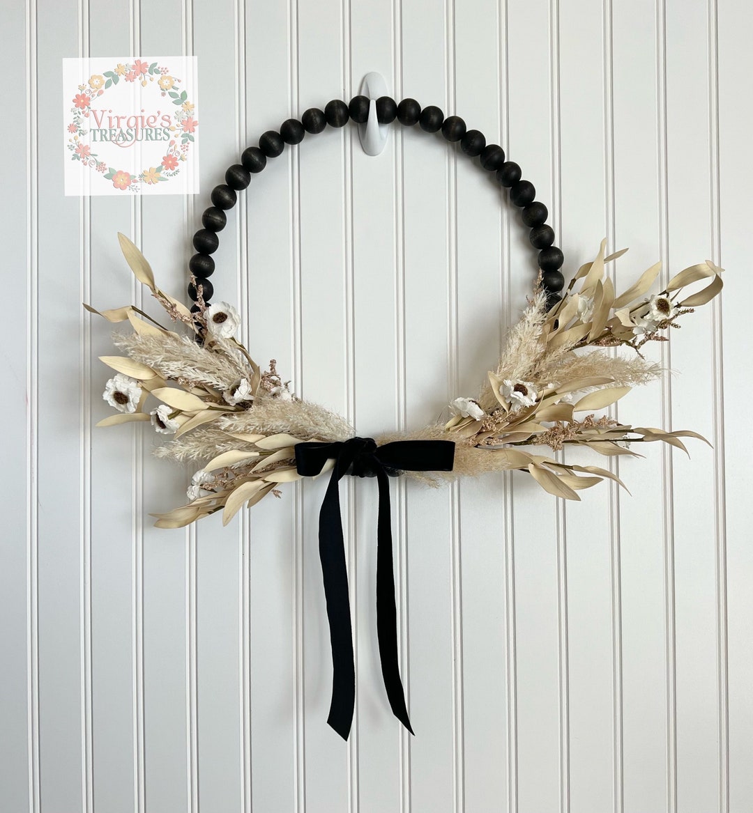 Black Wood Bead Wreath Boho Wreath Front Door Wreath Fall - Etsy