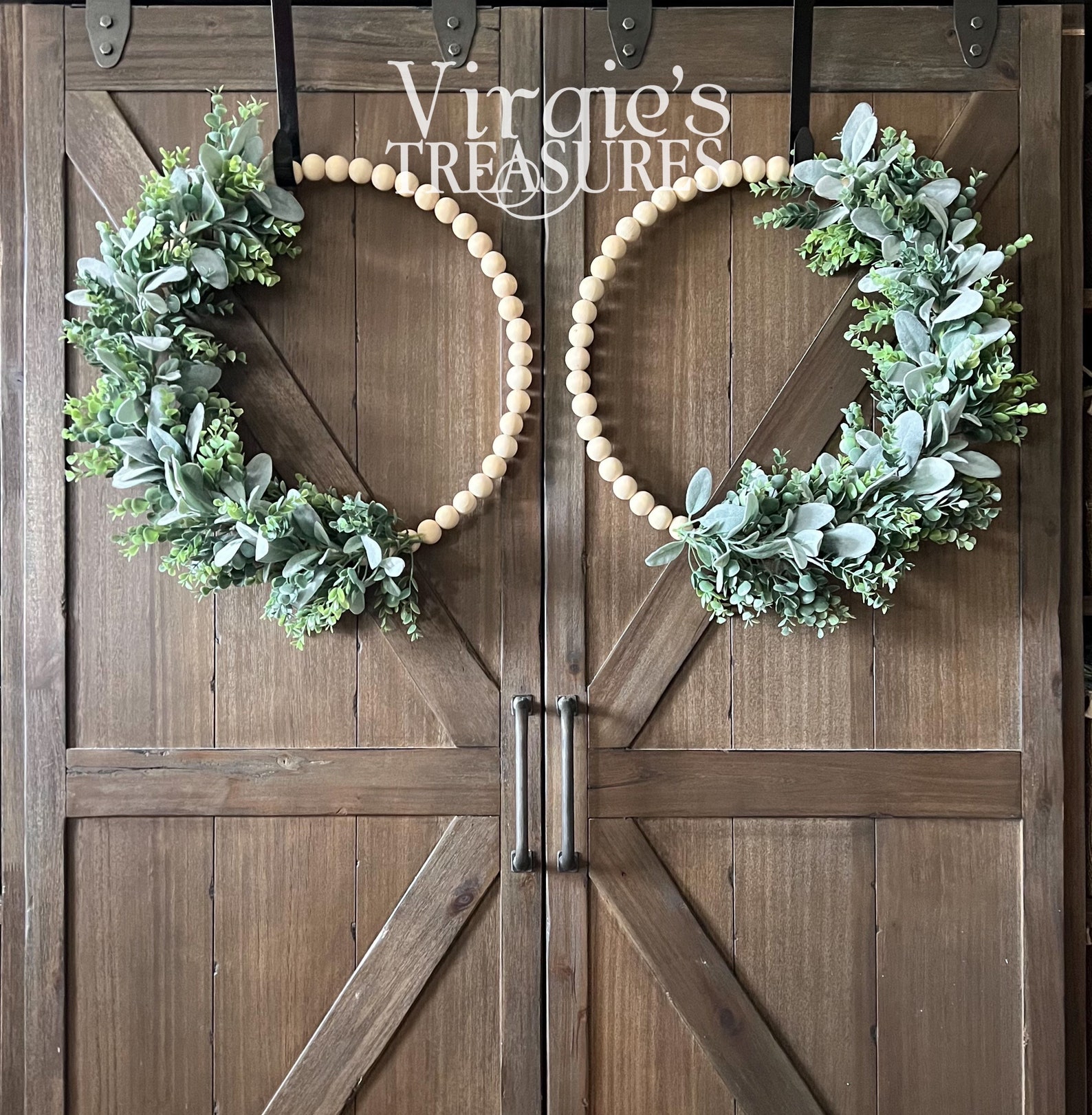 Double Door Wood Bead Wreath, Farmhouse Wreath, Greenery Wood Bead ...