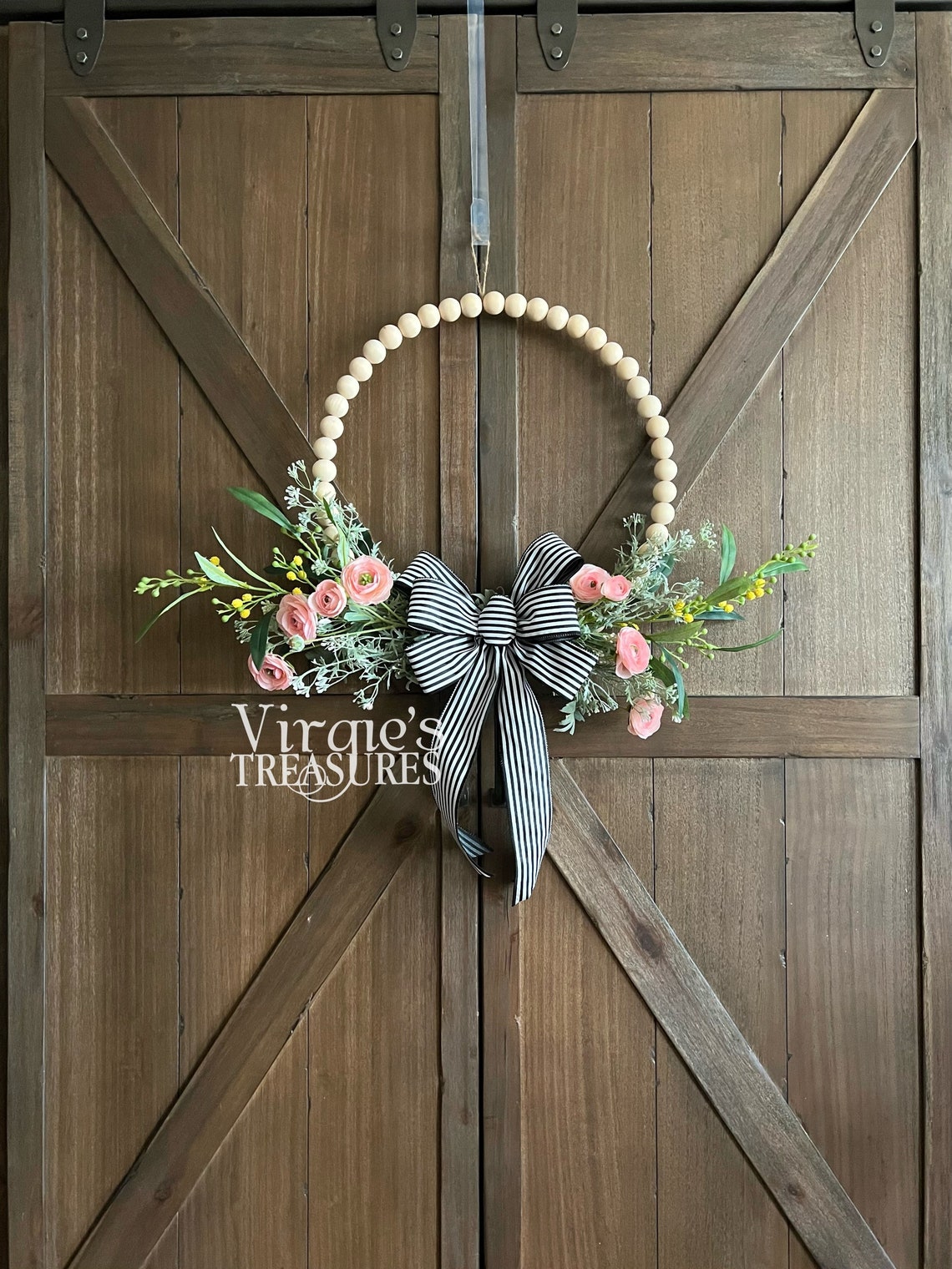 Spring Wood Bead Wreath, Spring Wreath, Beaded Wood Wreath, Front Door ...