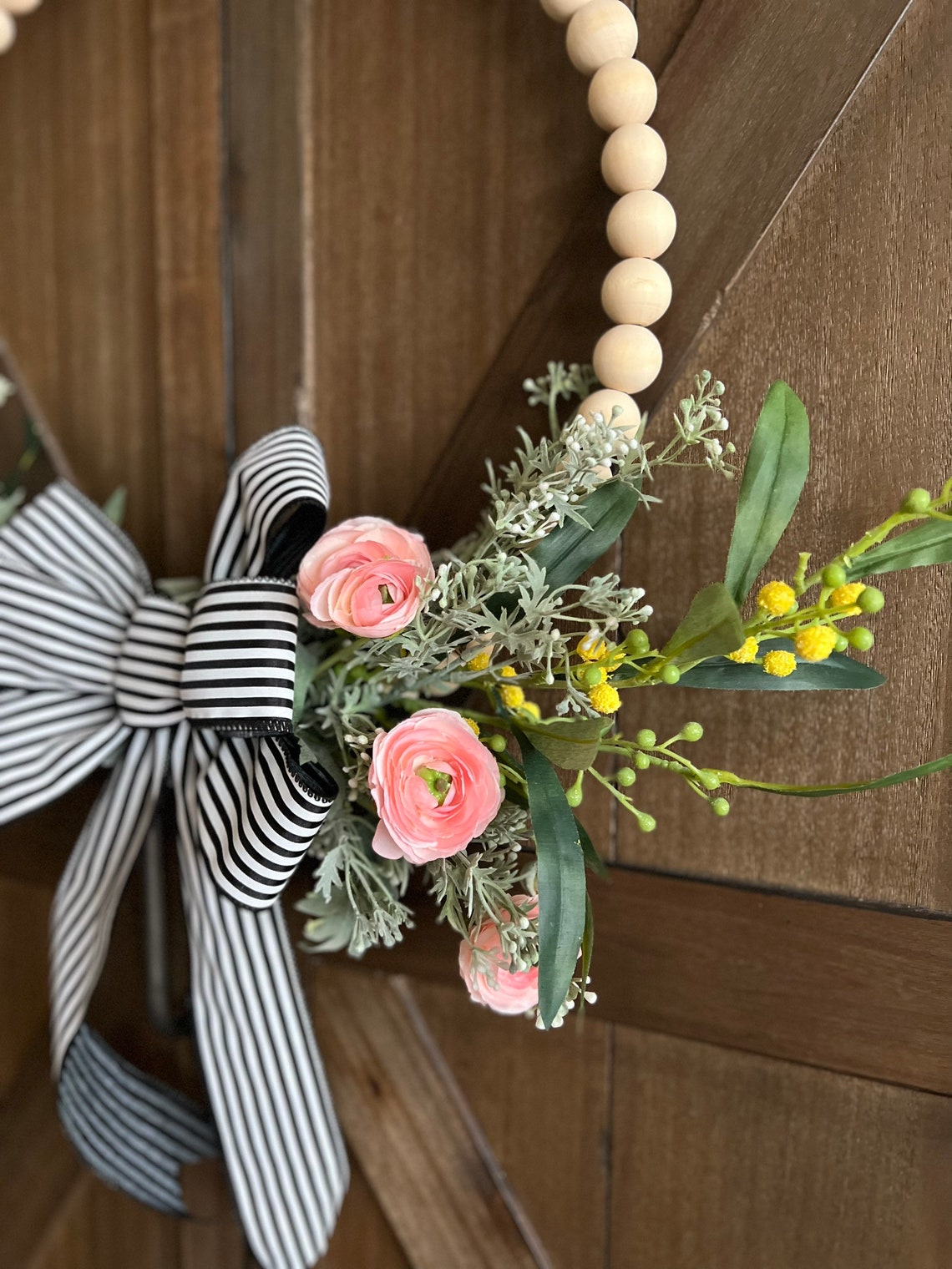 Spring Wood Bead Wreath, Spring Wreath, Beaded Wood Wreath, Front Door ...