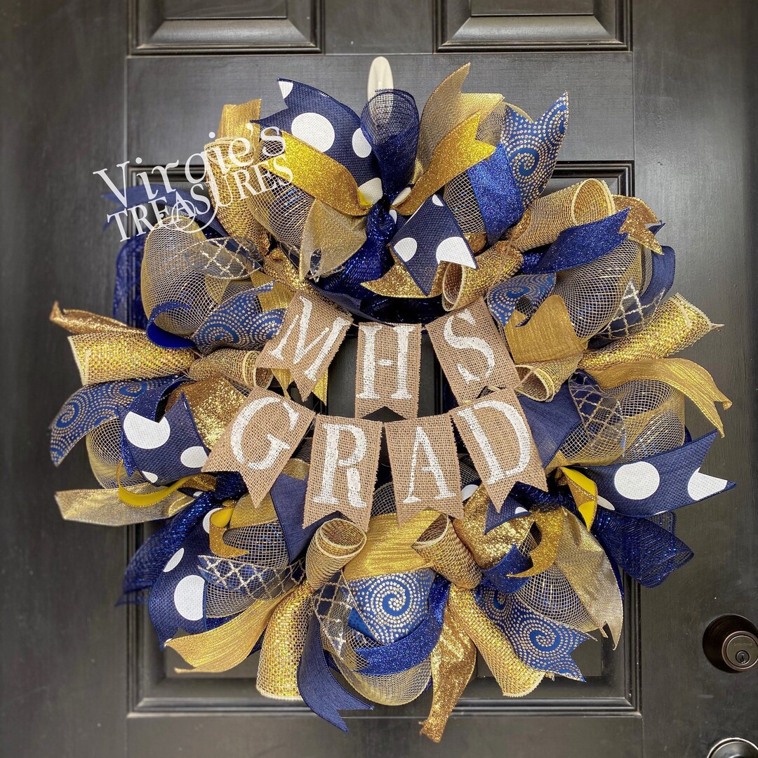 High School Wreath, Graduation Wreath, Navy and Gold Wreath, Graduation ...