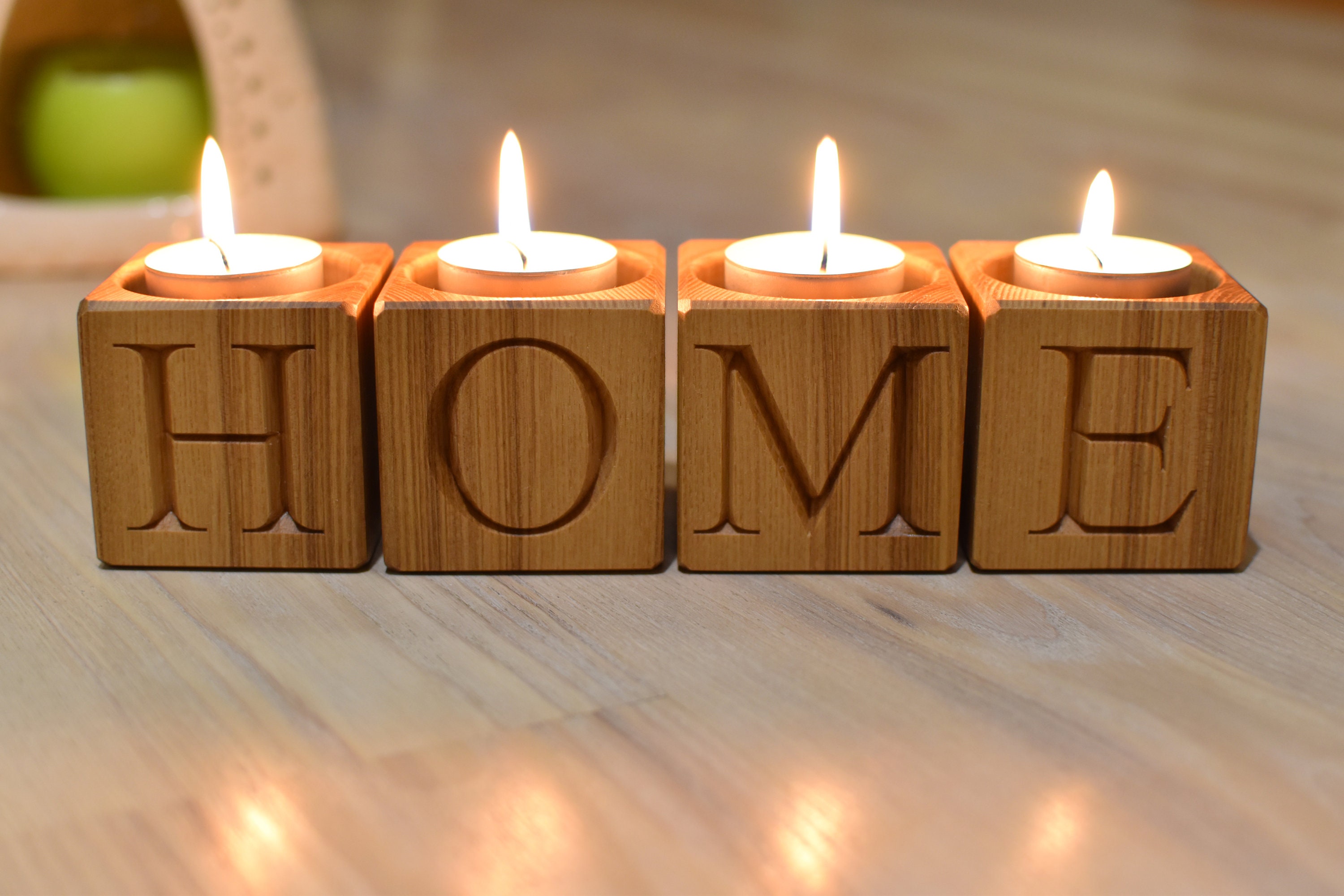 Set of 4 Wood Candle Holder Wood Blocks Home Decor Tealight Rustic ...