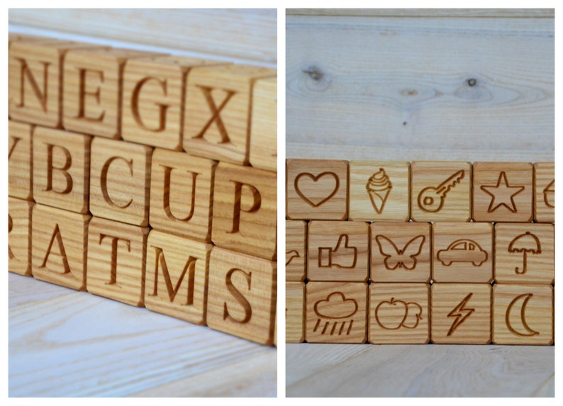 2 in 1 Wood English Alphabet Blocks Pictures Engraved ABC | Etsy