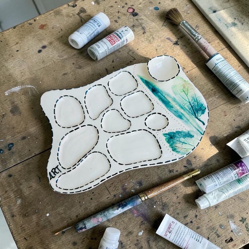 Ceramic Palette for Watercolor, Gift for Artist, White Pottery Paint ...