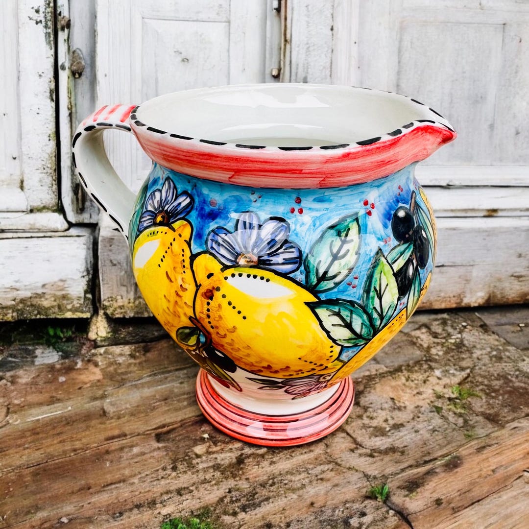 Italian Ceramic Pitcher, Amalfi Lemons and Olives Hand Painted, Utensil ...