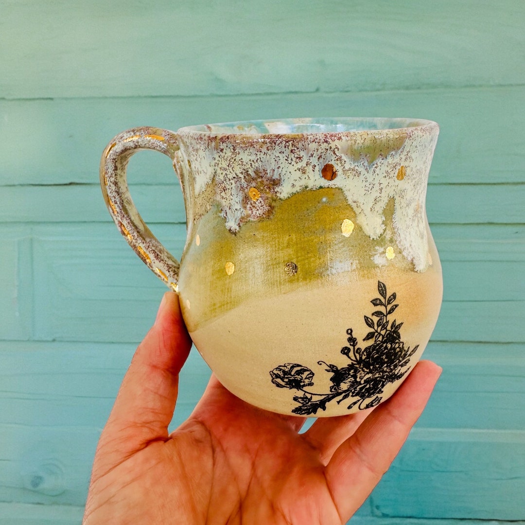 Rustic Stoneware Mug, Forest Colors, Flower Mug With Gold Dots ...