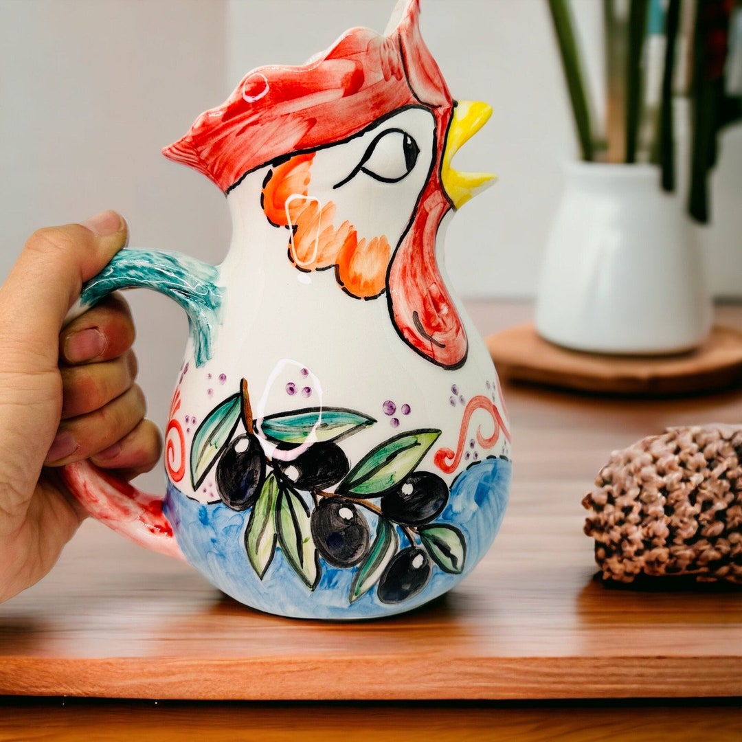 Rooster Shape Pitcher, Italian Pottery, Chicken Ceramic Jug, Olives ...
