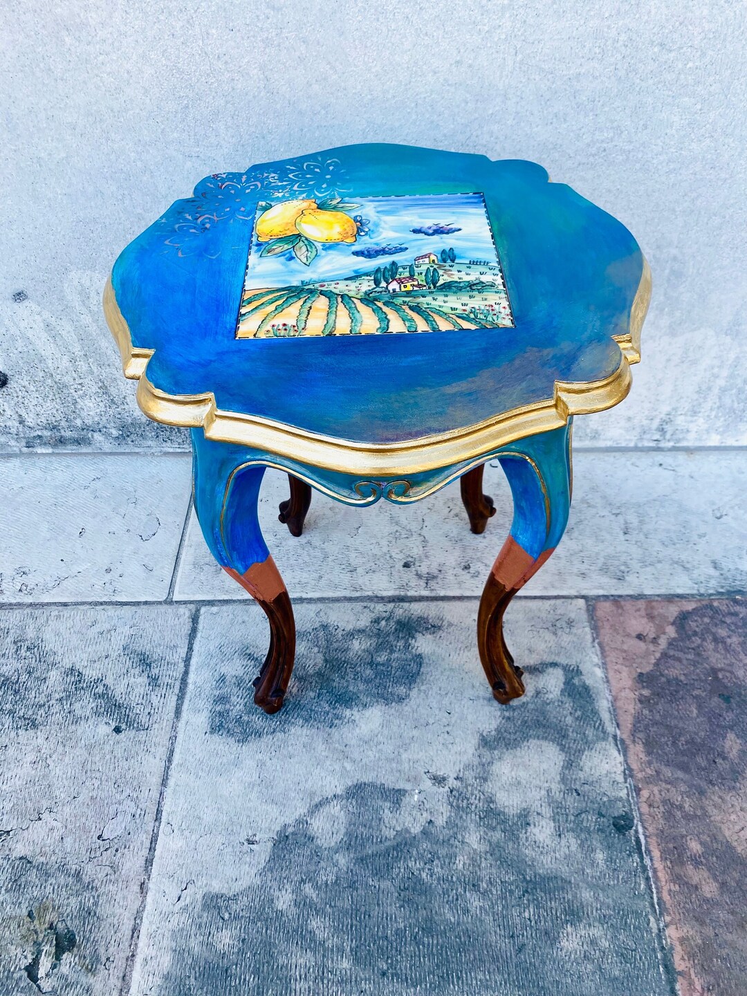 Italian Restyled and Hand Painted Wooden Coffee Table With Ceramic Tile ...