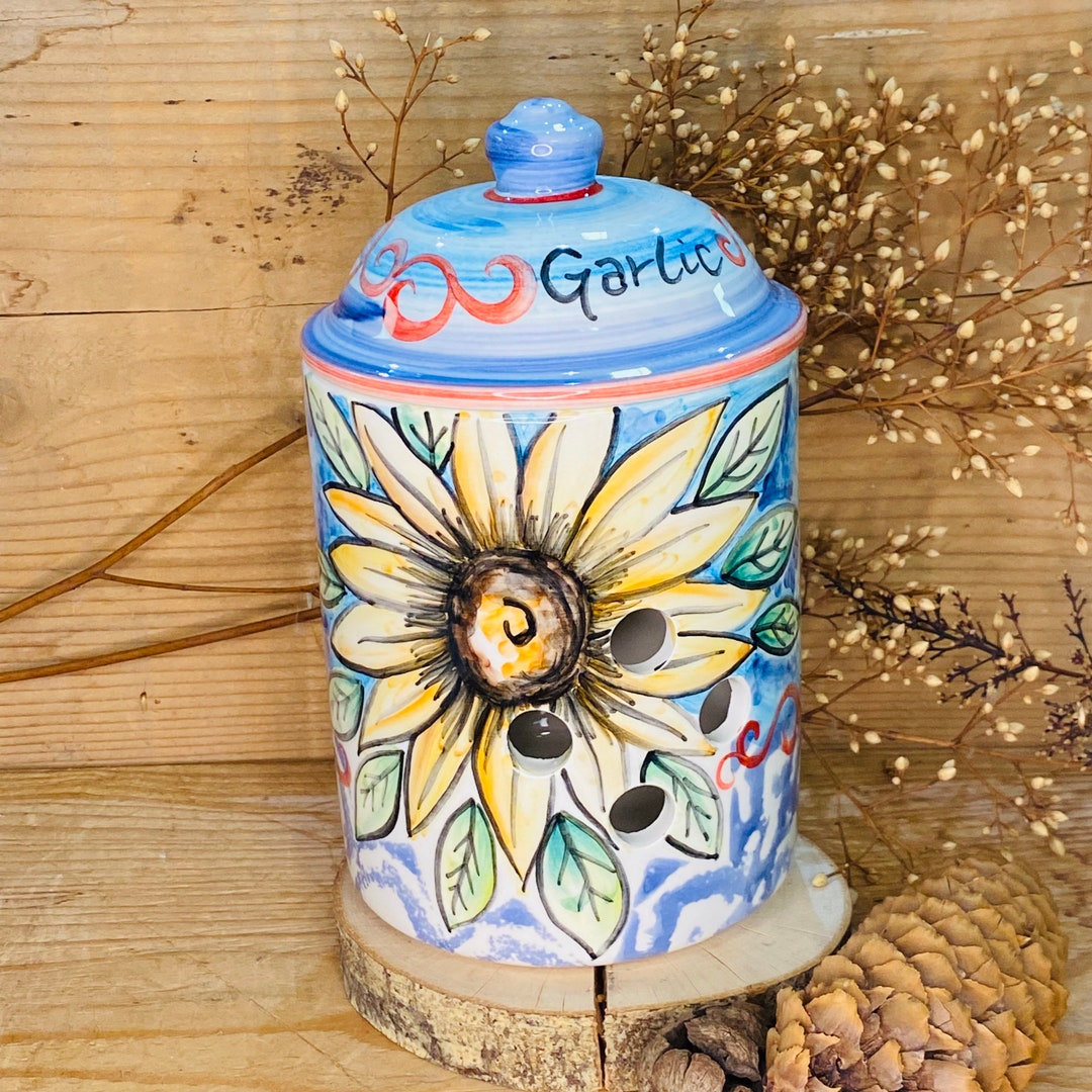 Garlic Keeper With Sunflower Design, Ceramic Garlic Jar Made in Italy ...