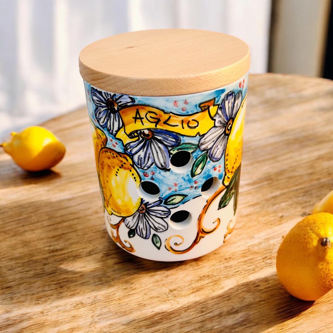 Garlic Jar With Amalfi Lemon Grape Cluster, Italian Ceramic Hand Painted, Made in Italy, Tuscan ...