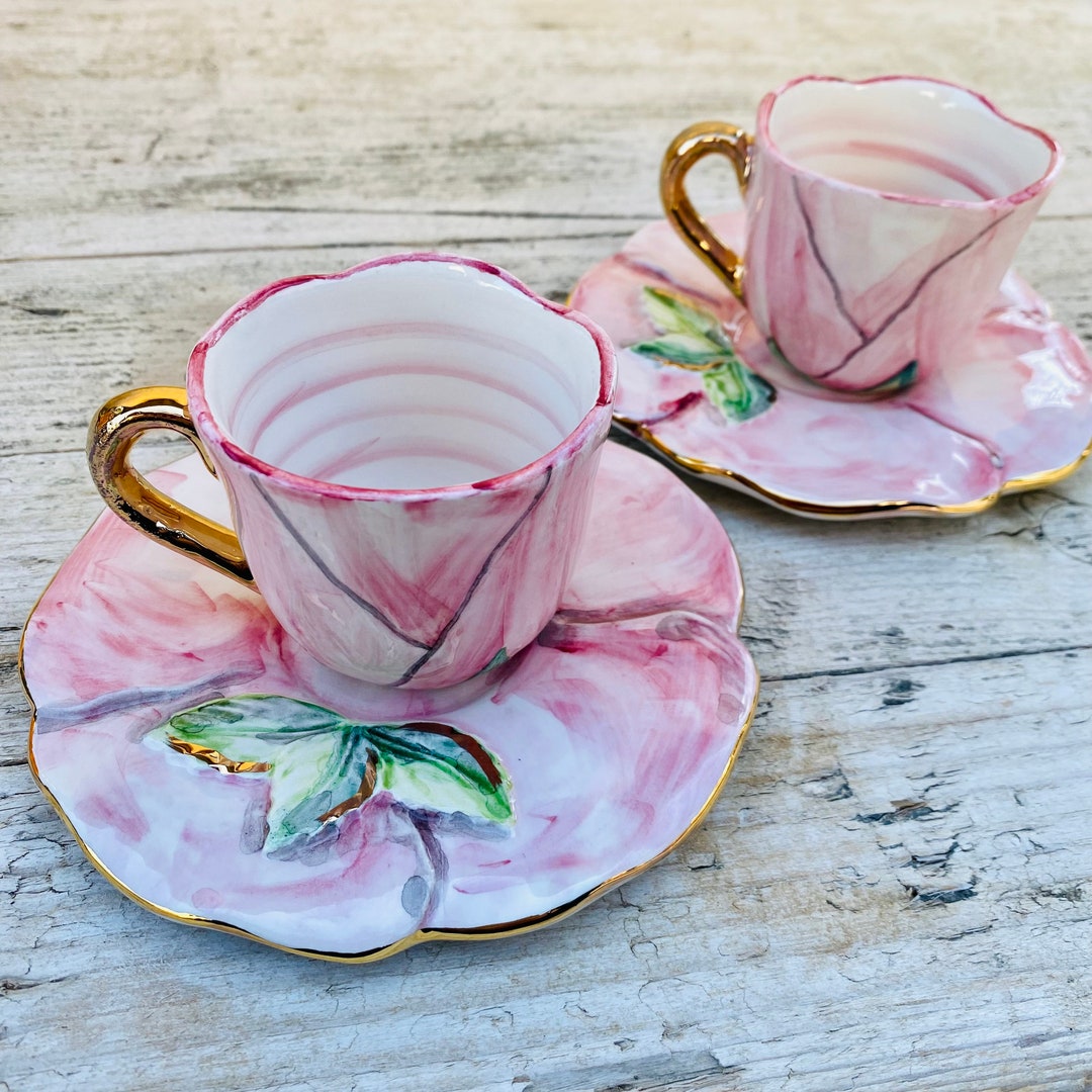 Espresso Cup Set Fairy Ceramic Cup Pink and Gold Cup Flower - Etsy