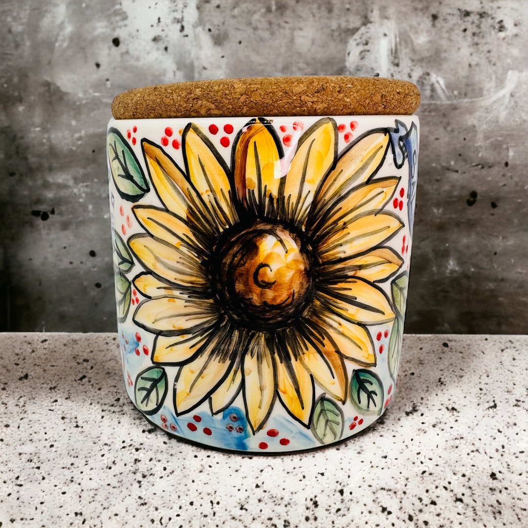 Sunflower Salt Jar, Italian Pottery Art, Hand Painted Ceramic Canister ...