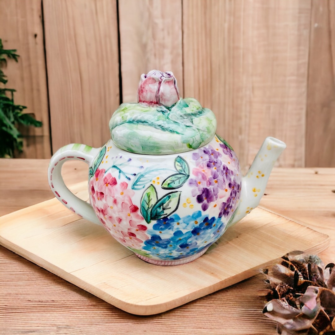 Handmade Teapot With Hydrangea Flowers, Italian Ceramic Tea Pot ...