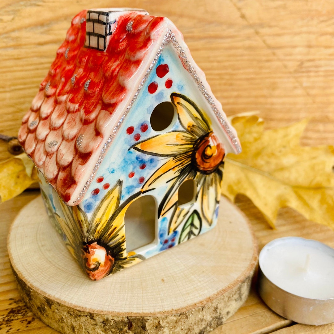 Ceramic Candle House, Sunflower Italy Design, Tiny House Candle Holder ...