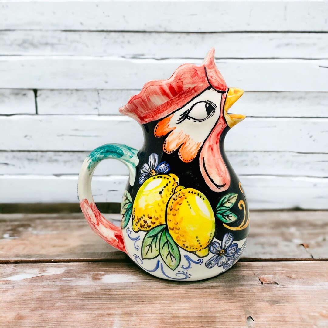 Rooster Jug Fruit Design, Black Background Wine Pitcher, Italian ...