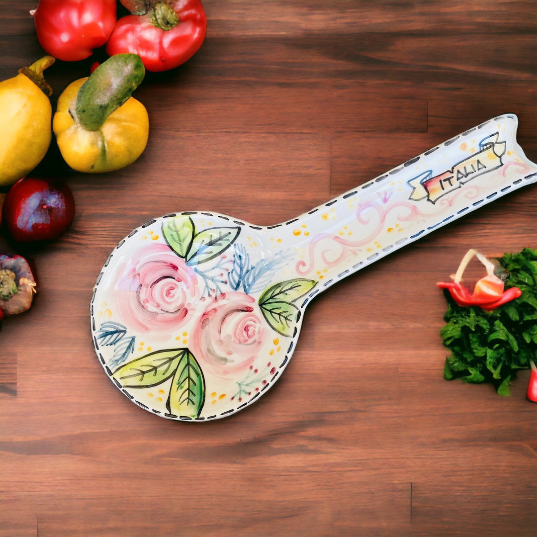 Pink Roses Spoon Rest, Ceramic Spoon Rest, Handmade Italian Pottery ...
