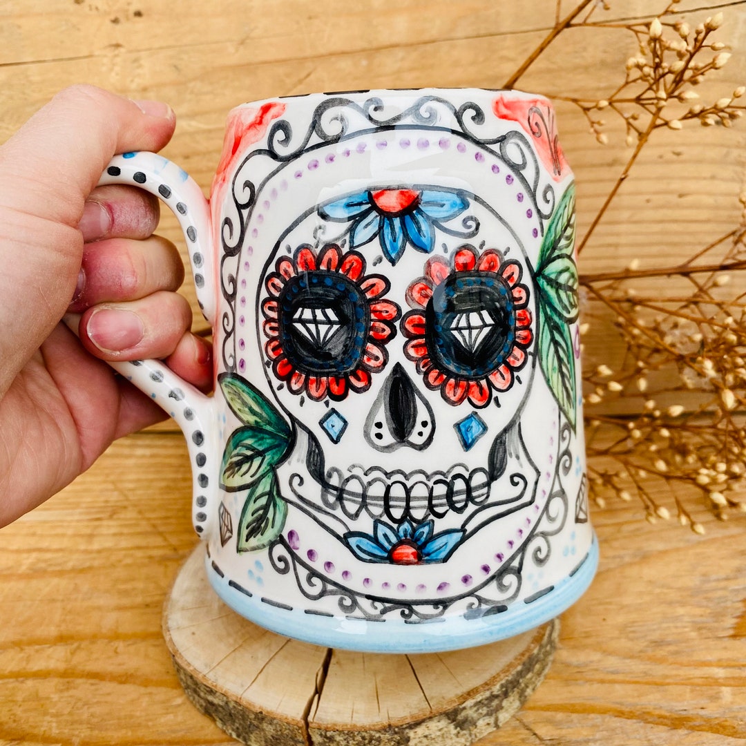 Sugar Skull Ceramic Mug, Handmade Pottery Mug, Skull Beer Mug, Hand ...