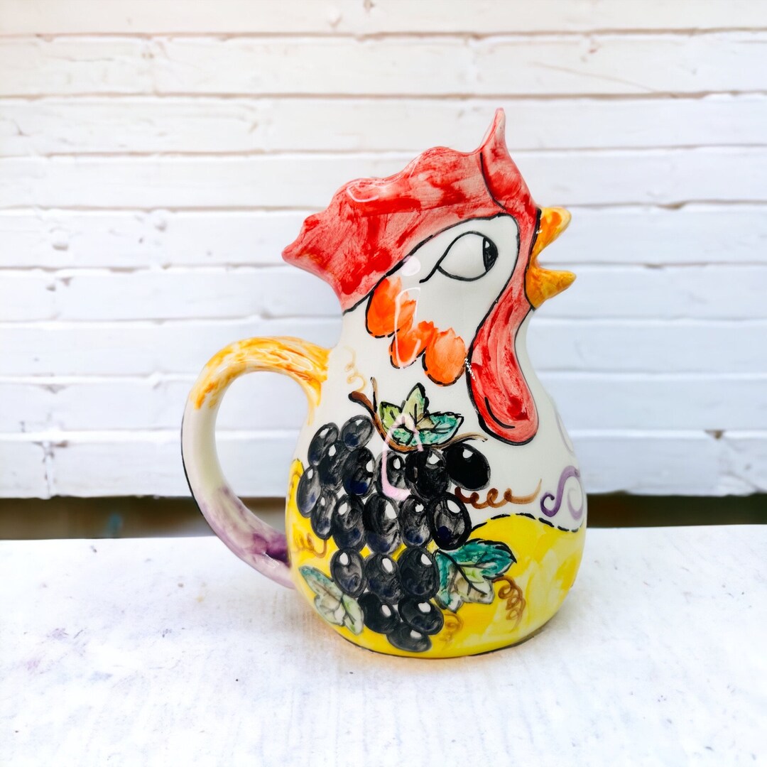Tuscan Rooster Pitcher, Grape Italian Pottery, Handmade Ceramic Water ...
