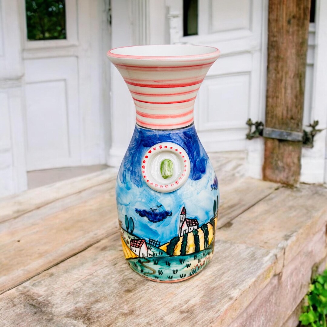 Water Pitcher With Tuscan Countryside, Hand Painted Wine Carafe, Made ...