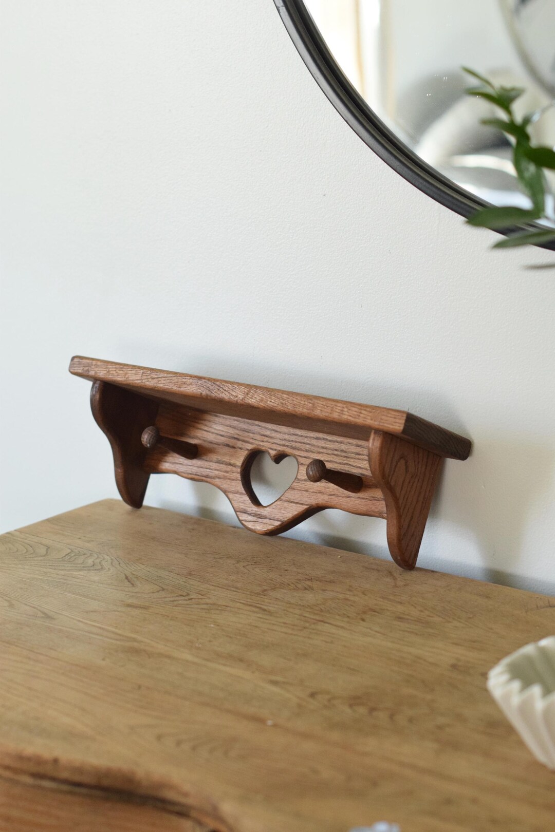 Vintage Wooden Peg Shelf Primitive Style Solid Wood 16” Heart Cut Out ...