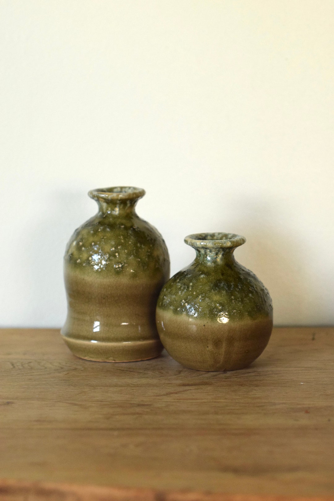 Set of 2 Glazed Pottery Bud Vases Stoneware Small Round Ceramic Vessels ...