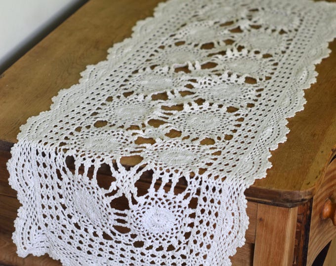 Vintage Doily Runner Handmade Hand Crochet Long Table Runner White ...